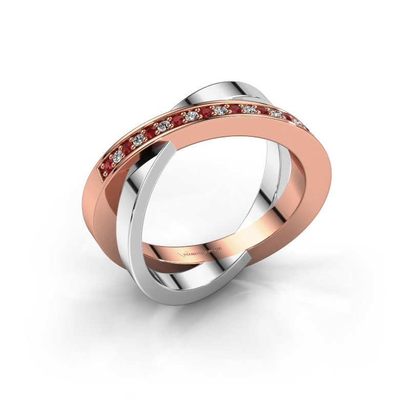 Brede, meerdere banden rosé gouden ring Julie met robijn| Diamondsbyme